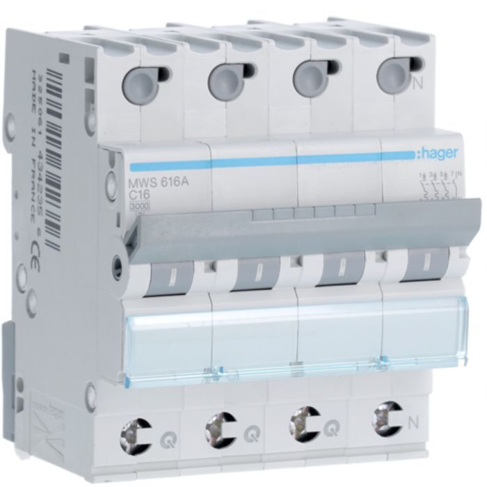 Hager automaat 16A 3KA 4 polig curve C Quickconnect - MWS616A | Solyd